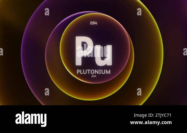 Plutonium as Element 94 of the Periodic Table. Concept animation on abstract orange purple ...