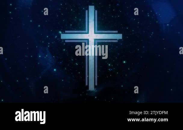 Futuristic Christian cross in ethereal sparkling blue cyberspace loop ...