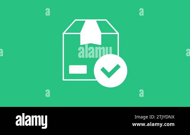 White Package box with check mark icon isolated on green background ...