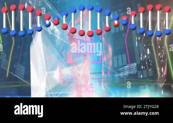 Animation of dna strand,qr code and data processing. Global science, computing, networks ...