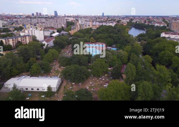 Packed over crowded public swimming pool Prinzenbad, city Berlin ...