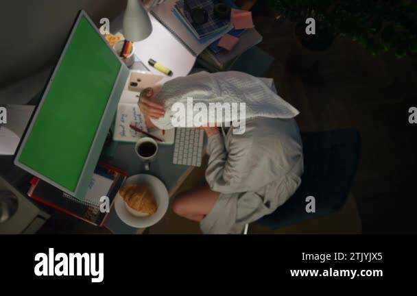 Tired woman falling asleep at remote workplace top view. Sleepy student ...