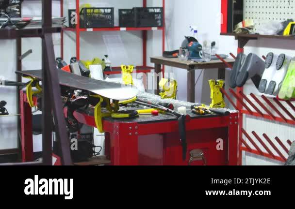 Zoom in set of tools in ski workshop. Preparation of skis and ...