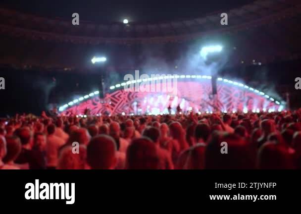 The audience watches the concert, dances with their hands up and sings ...