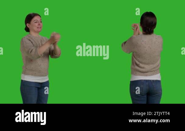 Female person clapping hands and cheering people on camera, being ...