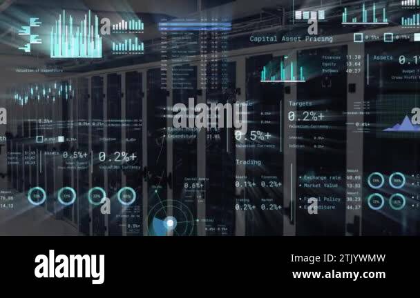 Animation of texts, graphs, loading circles and bars against server room in background. Digital ...
