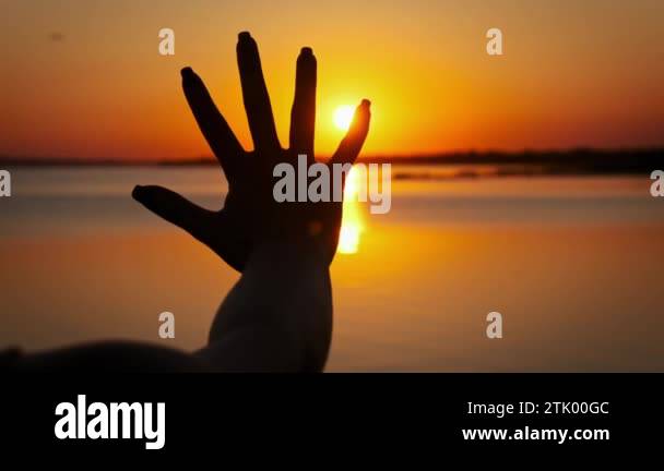 Silhouette female hand stretches out to the sunset, slow motion ...
