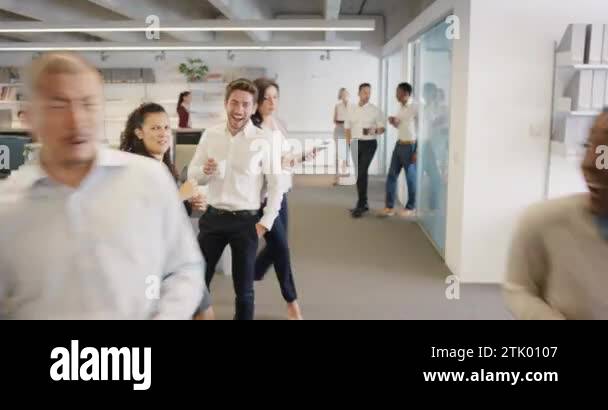 Embarrassed, shocked and business people walking in office looking at ...