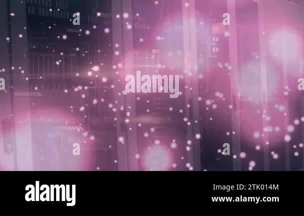 Animation of lens flares over texts, graphs and computer language against server room. Digital ...