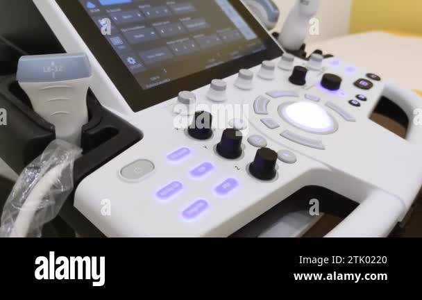 Various transducers on the sonography machine. Close up. System control ...
