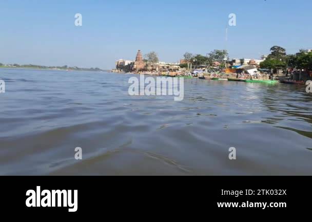 Yamuna River view from the boat in the day at Vrindavan, Krishna temple ...
