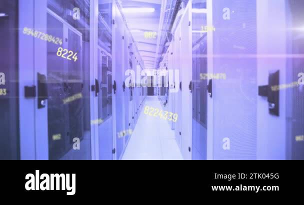 Animation of changing numbers, symbols over lens flares against server room in background ...