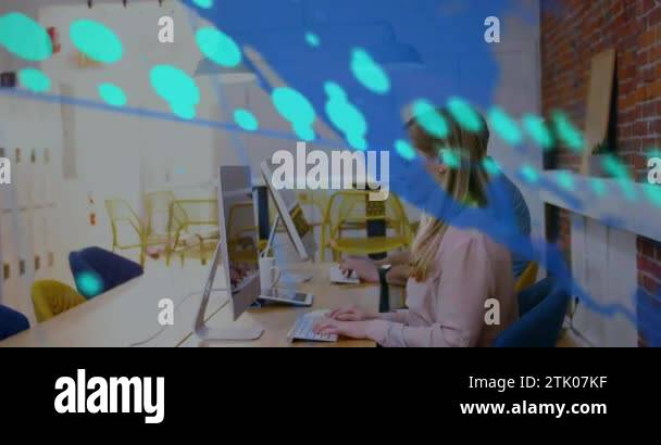 Animation of dots forming graph, numbers and map over caucasian ...