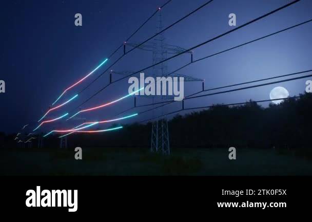 Visualization of fast moving energy travelling through power pole wires ...