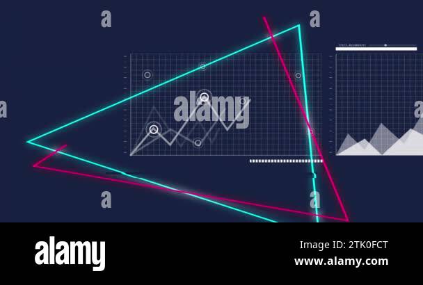 Animation of triangle over graphs, map and loading bars against black background. Digitally ...