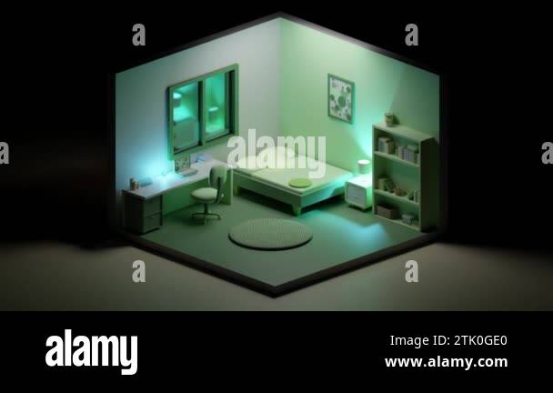 3D animation loop low poly of contemporary bedroom with big bed ...