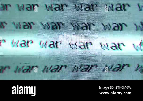 90s style concept, VHS retro look of many printed words "war" on the ...