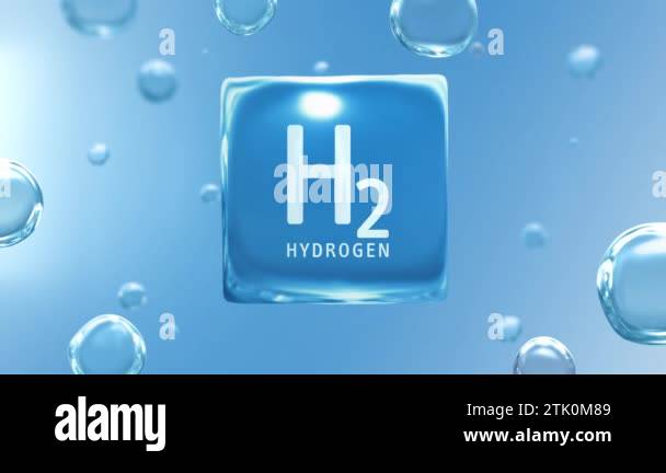 H2 Hydrogen titled water bubble cube. 3D animation for infographics ...