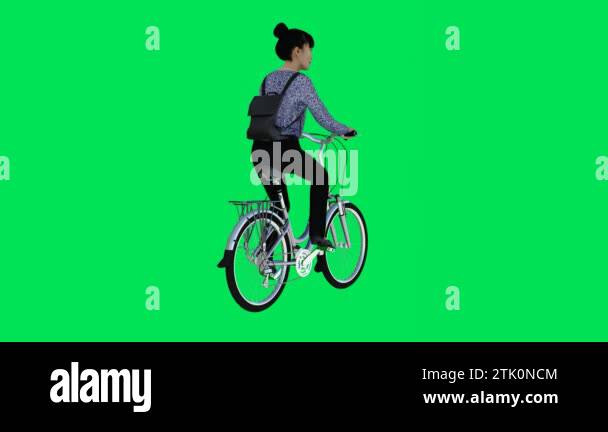 3d render green screen chroma key animation isolated A working woman riding a bicycle from a ...