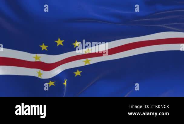 Close-up of Cape Verde national flag waving. Blue, white, and red bands ...