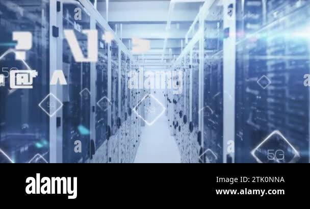 Animation of symbols over 5g text in rhombuses and bars against server room in background ...