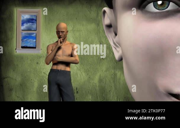 Thinking man and woman face. Empty room with green wall and small ...