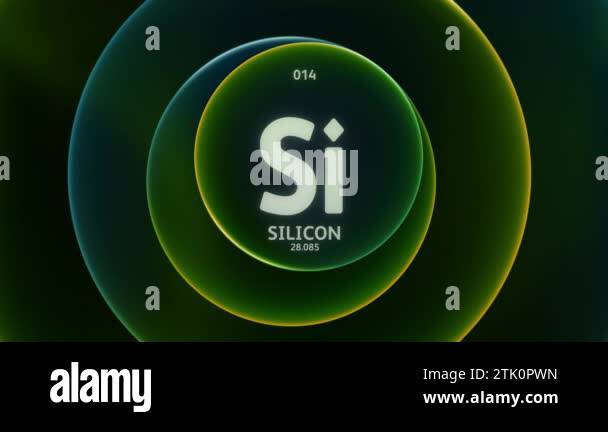 Silicon as Element 14 of the Periodic Table. Concept animation on abstract green blue gradient ...