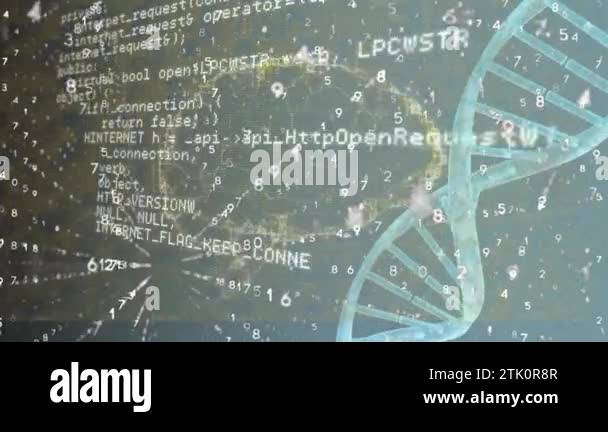 Animation of computer language over changing numbers, brain and dna helix on abstract background ...