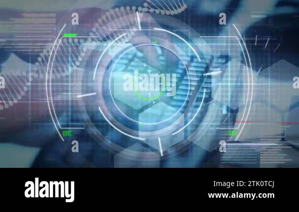 Animation of data processing and scope scanning with dna strand over hands typing on keyboard ...