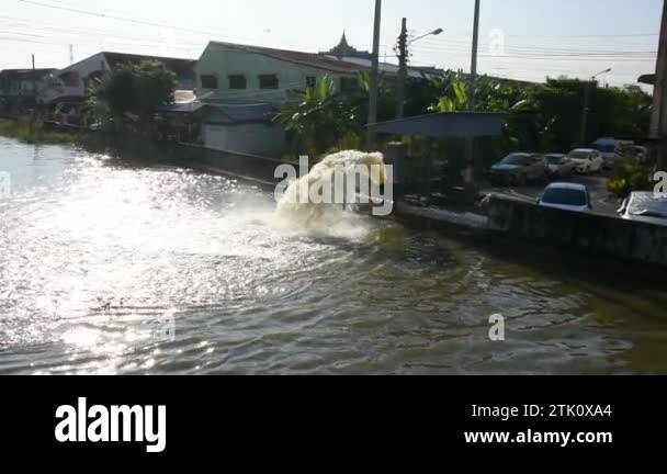 Water flood control station while draining water from Bangbuathong market village to Pimonratch ...