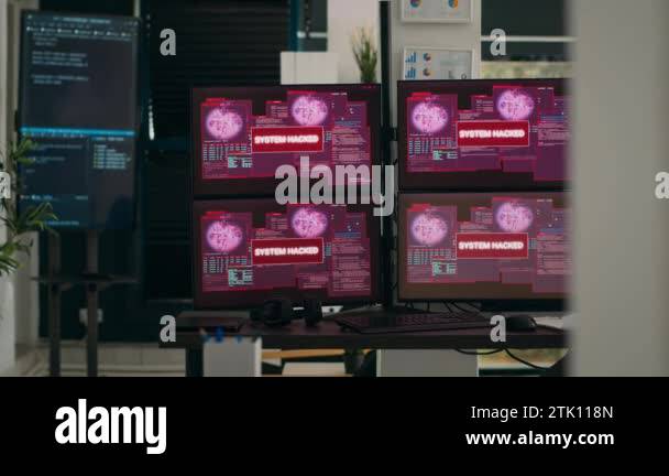 Multiple Monitors With Critical Error Message Flashing On Screens With Hacking Alert And System