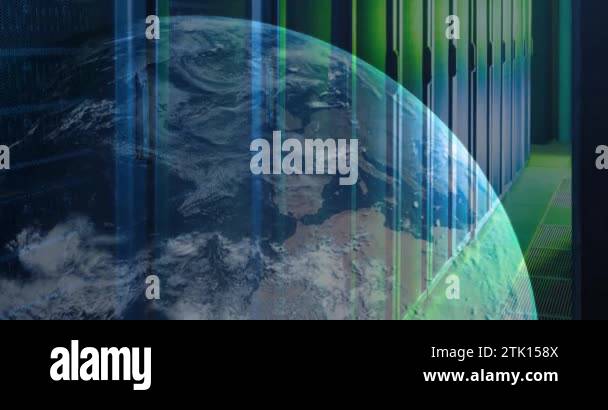 Animation of rotating globe against server room in background. Digital ...