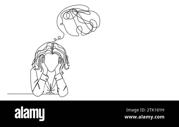 animated continuous single line drawing of stressed and confused woman ...