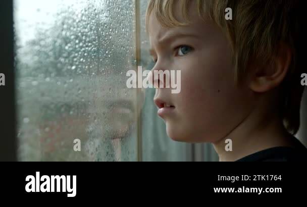 Cute Child Sad Little Boy Kid Look Raindrops Wet Window Watch Rainy ...