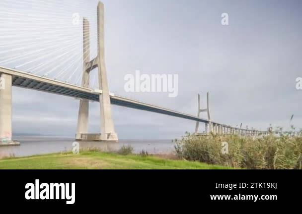 Architectural landmark Vasco da Gama Bridge over the Tagus River in ...