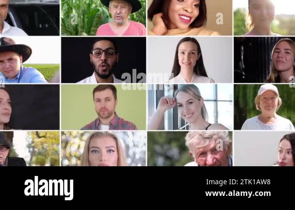 Collage with animation. A screen with many faces of old and young ...