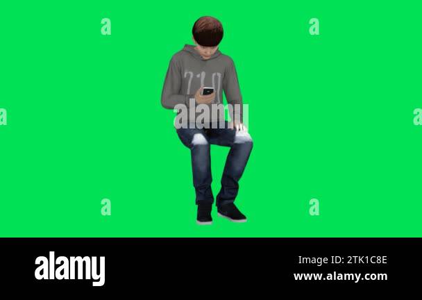 3d render green screen chroma key animation isolated Young boy sitting ...