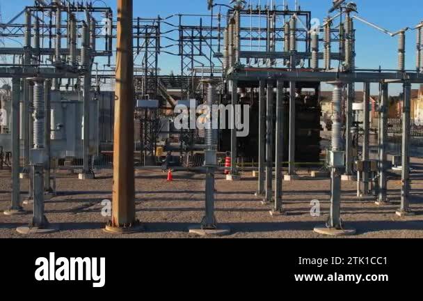 Electrical substation or electric grid of high voltage power lines and ...