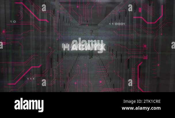 Animation hacked text, computer language, caucasian male engineer ...