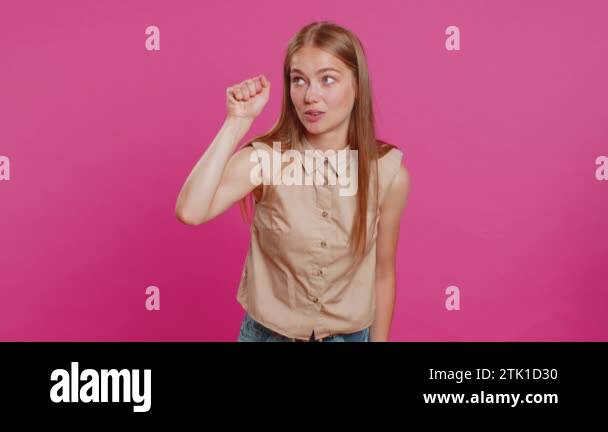 Knock Knock Who Is There Excited Young Woman Knocking Door Gesture