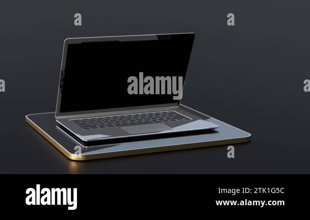 Metallic Laptop Mock-Up on stand and golden border placed on black ...