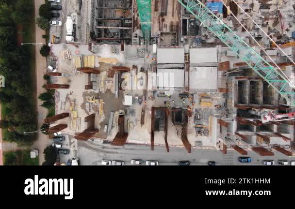 Flight over construction site between highways. Top down view of ...