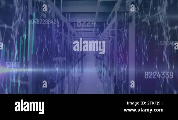 Animation of changing numbers over graphs against connected dots on server room. Digital ...