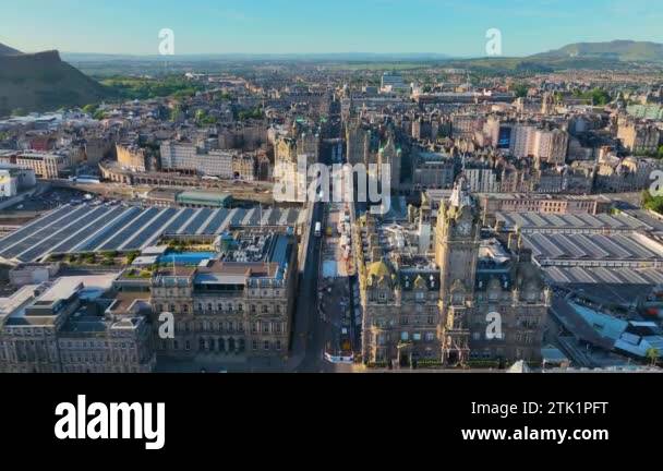 New Town aerial view on North Bridge at Princes Street and Balmoral ...