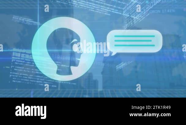 Animation of ai text in cloud over binary codes, computer language, map, trading board on ...
