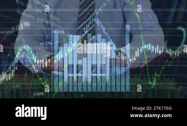 Animation of graphs, numbers over african american businessman keeping ...