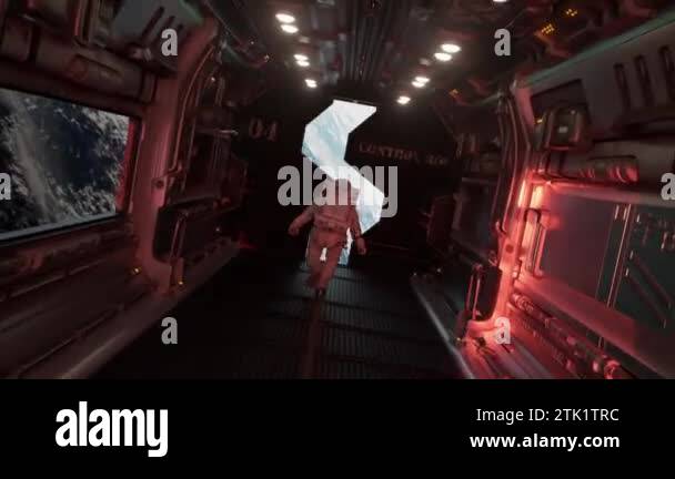 Astronaut escape on a spaceship. Opening of the gate with a view of the ...