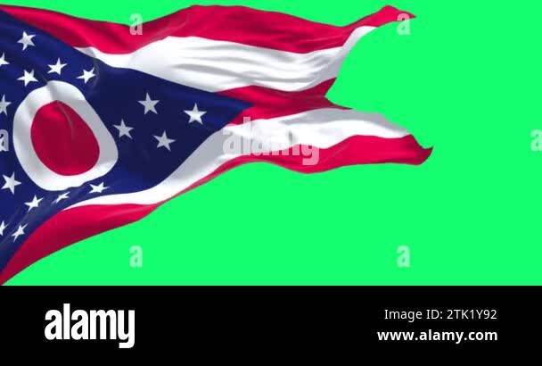 The Ohio state flag waving isolated on a green background. Seamless ...