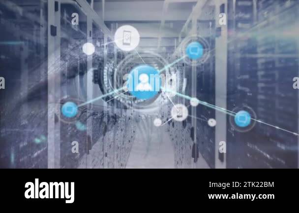 Animation of connected icons and circular tunnel in human eye, bars ...