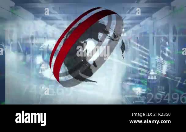 Animation of globe over connected icons, multiple interfaces, computer ...